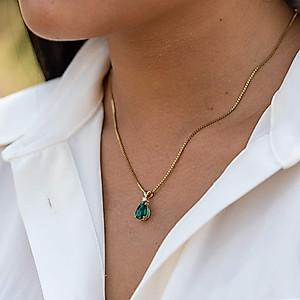 PEORA 14K Yellow Gold Created Emerald with Genuine Diamond Pendant for Women, Elegant Teardrop Solitaire, Pear Shape, 10x7mm, 1.75 Carats total
