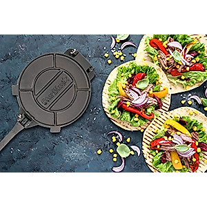 10 Inch Cast Iron Tortilla Press by StarBlue with FREE 100 Pieces Oil Paper and Recipes e-book - Tool to make Indian style Chapati, Flour Tortilla, Roti