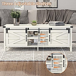 St.Mandyu Farmhouse Coffee Table with Hidden Compartment and Storage Cabinets Shelves, Wood Rectangular Tables with Sliding Barn Doors for Living Room Reception, Wash White