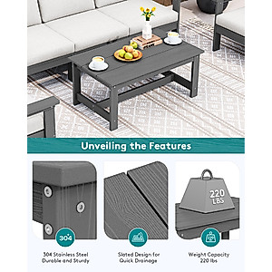 SERWALL HDPE Patio Coffee Table, Rectangle Outdoor Coffee Table, All-Weather Coffee Side Table for Balcony, Poolside, Deck, Garden, Gray