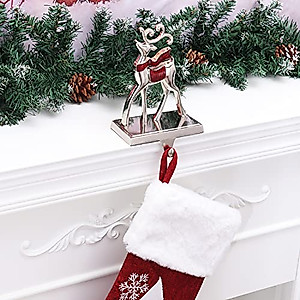 Christmas Stocking Holders for Mantle Set,Silver Christmas Stocking Hangers for Fireplace ,Deer and Sleigh Mantel Hanger Hooks for Stocking Hanging Ornament Firepiece Xmas Decor (Reindeer and Sleigh)