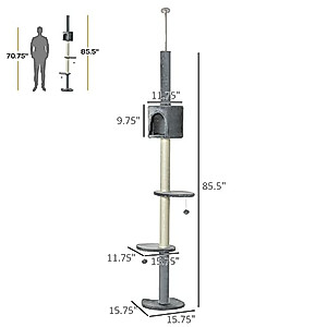 PawHut 85.5" Cat Tree Height Adjustable Floor-to-Ceiling 4-Tier Kitty Climbing Activity Center Condo Cat Toy with Scratching Post Hanging Balls Play Rest Post Pet Furniture Grey