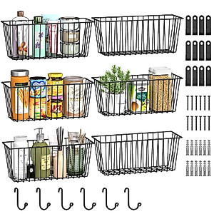 Simple Trending 6 Pack Wire Basket Locking Wall Hanging Baskets, Cabinets Organizer and Storage with Hanging Hooks for Kitchen, Garage and Bathroom