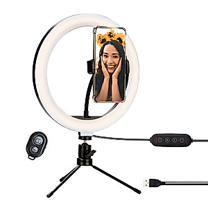 Desk Ring Light with Stand, 10'' Dimmable Selfie Ring Light with Mini Tripod Stand and Phone Holder, Make Up LED Ring Light with Bluetooth Shutter for Zoom Meetings/Vlog/Tiktok/YouTube