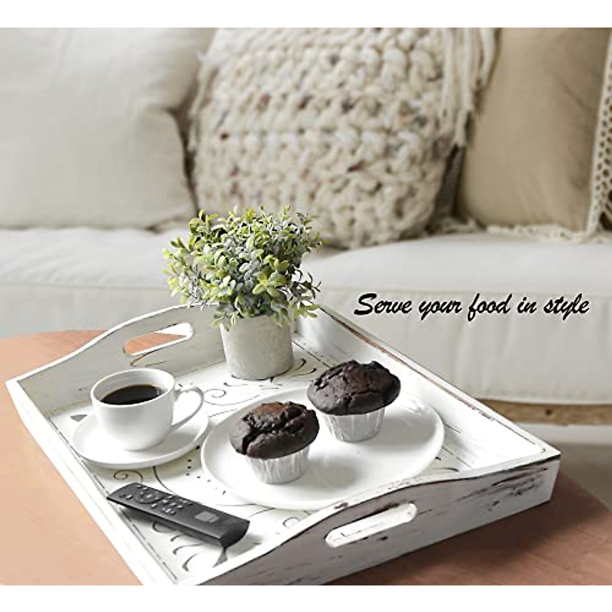 Cookaburrah Decorative Wooden Serving Tray with Handles, Rustic Tray Embossed with Metal, Rectangular Serving Tray for Ottoman, Perfect for Home, Restaurant, Farmhouse Decor (White)