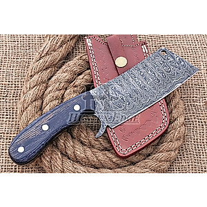 HUNTEX Handmade Hand-Forged Ladder Pattern Damascus Steel 9.5 Inch Long Full Tang Pakka Wood Handle Razor Sharp Hunting Camping Cleaver Knife w/Genuine Leather Sheath