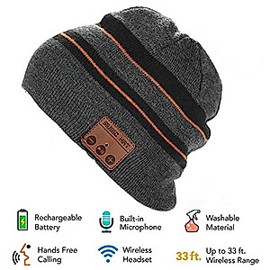 Happy-top Wireless Music Beanie Hat Winter Warm Knit Cap with Stereo Headphone Headset Speaker Mic Hands-Free for Men Women Outdoor Sports Compatible with iPhone Android Cell Phones (Black Grey)