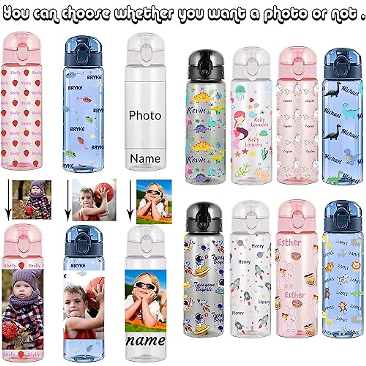 TTRhome Personalized Water Bottle with Names, Custom Clear Plastic Water Bottles for Boys Girls School Sports Gym Travel - 26oz/780ml