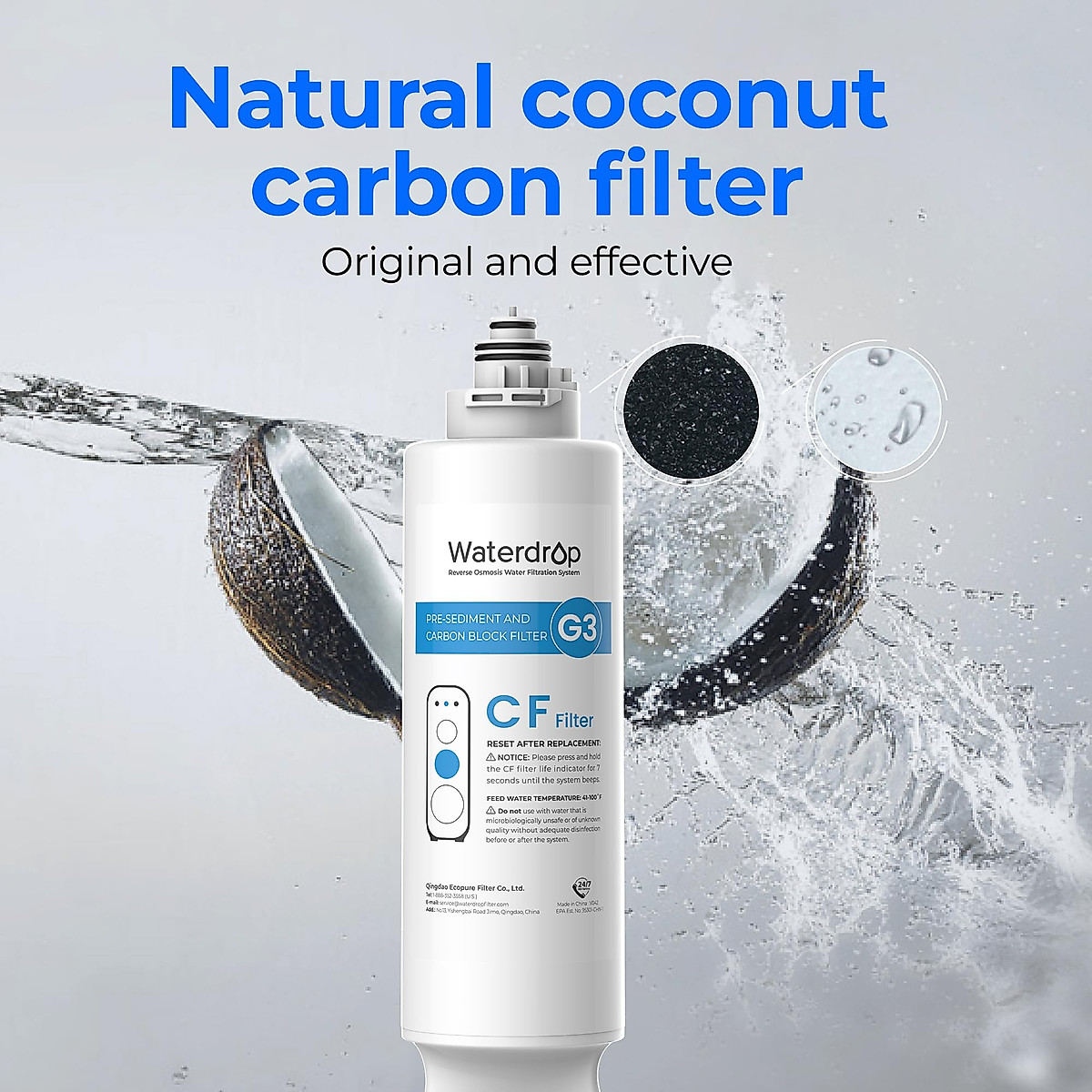 Waterdrop WD-G3-CF Filter, Replacement for WD-G3-W, WD-G3P600 and WD-G3P800-W Reverse Osmosis System, 6-month Lifetime, 2-Pack