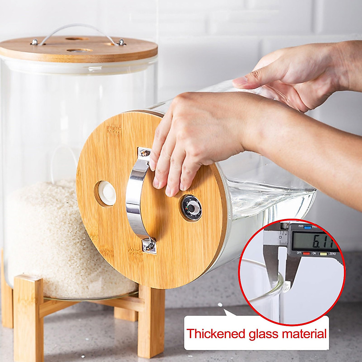 Rice Dispenser 5L, Grain Dispenser Glass Bucket, Cereal Dispenser Countertop for Kitchen and Pantry Organization, Large Rice Storge Container for Dry Food