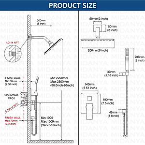 Midanya Matte Black Rain Shower System Wall Mount Shower Faucet Set 8 Inch Square High Pressure Showerhead with Hand Sprayer Rough-In Valve Body and Trim Included Mixer Shower Combo Set Bathroom