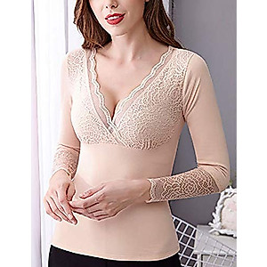 Flygo Womens Thermal Fleece Lined Cotton Underwear Lace Long Sleeve V-Neck Top (Large, 02 Nude)