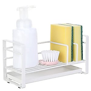 MyGift Modern Matte White Metal Kitchen Sink Sponge Holder and Accessory Rack with Removable Drainage Tray