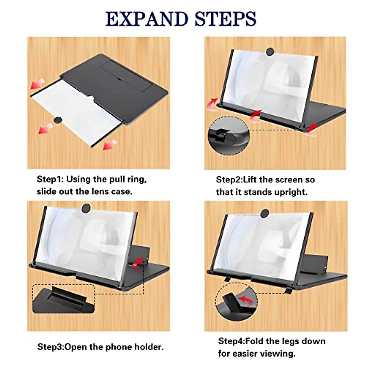 12 in Screen Magnifier for Smartphone 3D HD Mobile Phone Screen Magnifier Video Expandable HD Screen Foldable for Watching Movies Videos, Playing Games, for All Smartphones (Black)