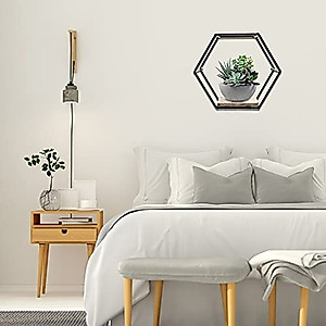 YARDWE Home Décor Wall Mounted Shelves Metal Iron Wire Hexagon Design with Wooden Base Display Racks Floating Shelves for Home Office Decoration Black Ornament Holders