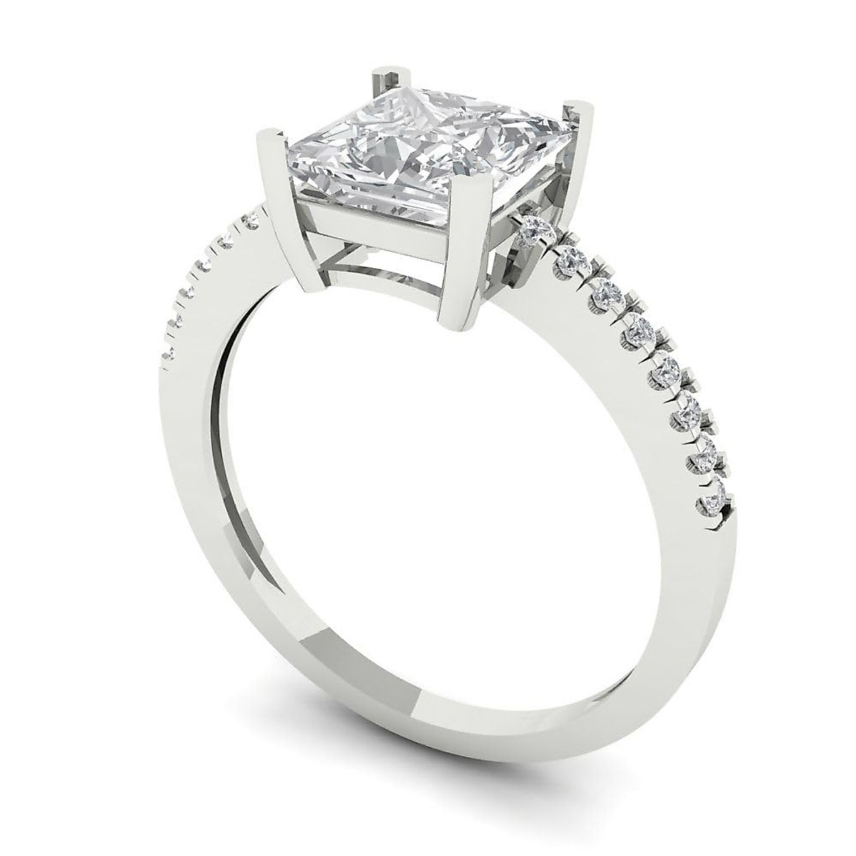 1.66 Ct Princess Cut Clear Simulated Diamond 14K White Gold Solitaire with Accents Engagement Anniversary Ring Size 6