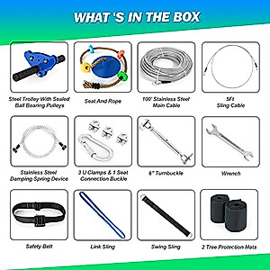 JOYLDIAS 100FT Zipline Kits for Backyard with Climbing Swing Rope and Seat, Zip Lines for Kids and Adults with Spring Brake, Safety Belt Zip Line for Kids Outdoor Playground Games