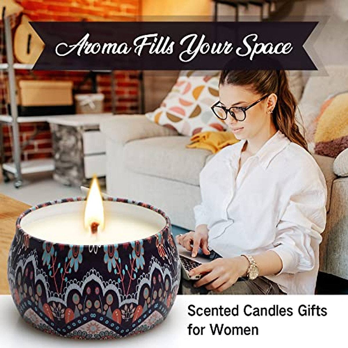 Scented Candles Gift Set, 8% Essential Oil, 4 Pack 4.4 oz Aromatherapy Candles, Stress Relief Gifts for Girlfriend, Teacher, Mom, Anniversary, Birthday