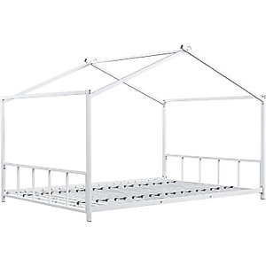 DNYN Full Size Montessori Floor Bed & House Bedframe with Roof Design for Kids Bedroom,Super Save Space & Easy Assembly & No Box Spring Needed, White