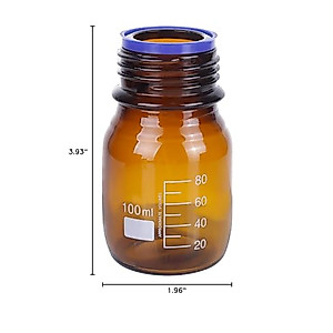 Pastein 20 Pieces Amber Glass 100 mL Graduated Round Lab Reagent Media/Storage Bottle With GL45 Blue Screw Cap