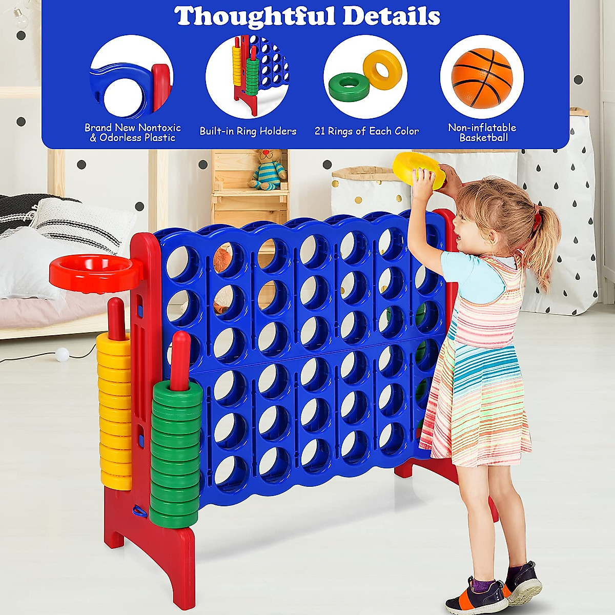 Costzon Giant 4-in-A-Row, Jumbo 4-to-Score Giant Game w/Basketball Hoop, Ring Toss, Quick-Release Slider, 42 Jumbo Rings, Indoor Outdoor Family Connect Game for Kids & Adults, Backyard Games, Red