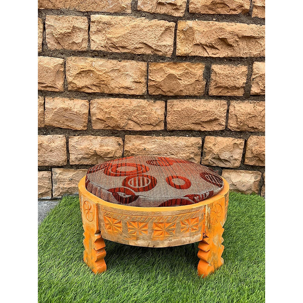 Wooden Indian Round Carving Chakki Table With Custion,Indian Decor Coffee Table,Wood Table,Side Table,Grinder Table,Dining Table.
