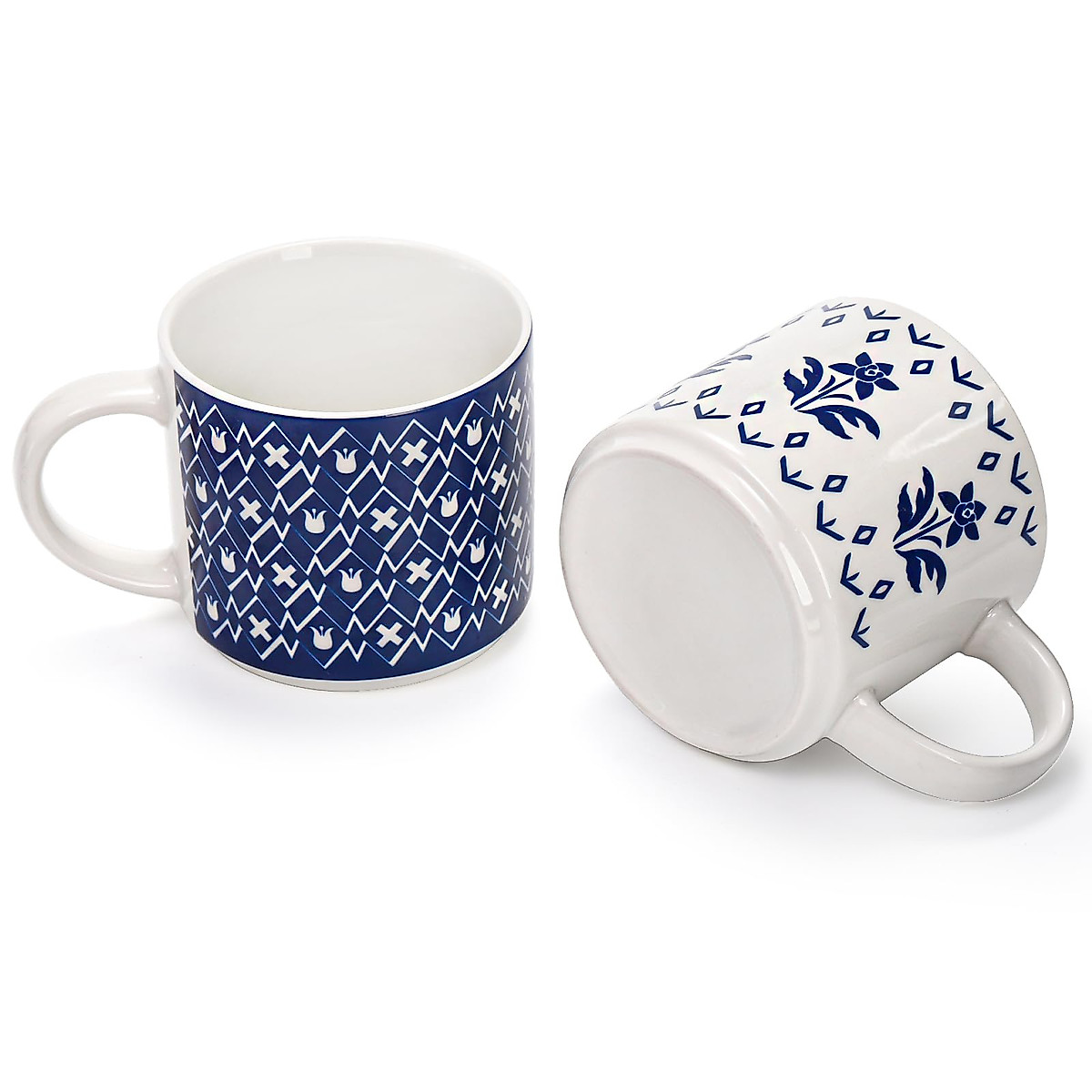 Eorbow 4 Pack Ceramic Coffee Mug Set with Rack, 16 OZ Stackable Cappuccino Cups with Metal Stand, Blue and White Porcelain Tea Mugs for Latte, Americano, Milk, Hot Cocoa, Beverages, Microwave Safe