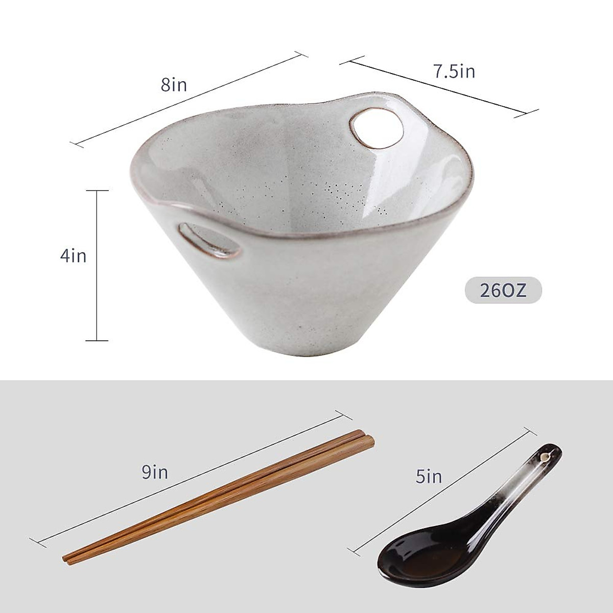KOOV Porcelain Ramen Bowls and Spoons Set of 2 - Japanese Ramen Noodle Bowl with Chopsticks and Spoons, 26 Ounce Deep Pho Bowl, Reactive Glaze (Variable Grey)
