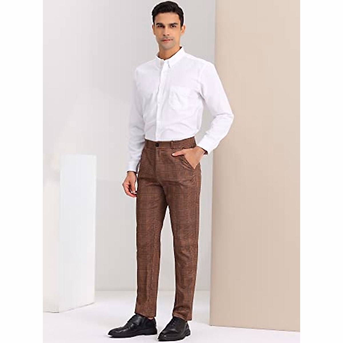 Lars Amadeus Men's Brown Plaid Dress Pants Straight Leg Flat Front Business Formal Checked Trousers 36