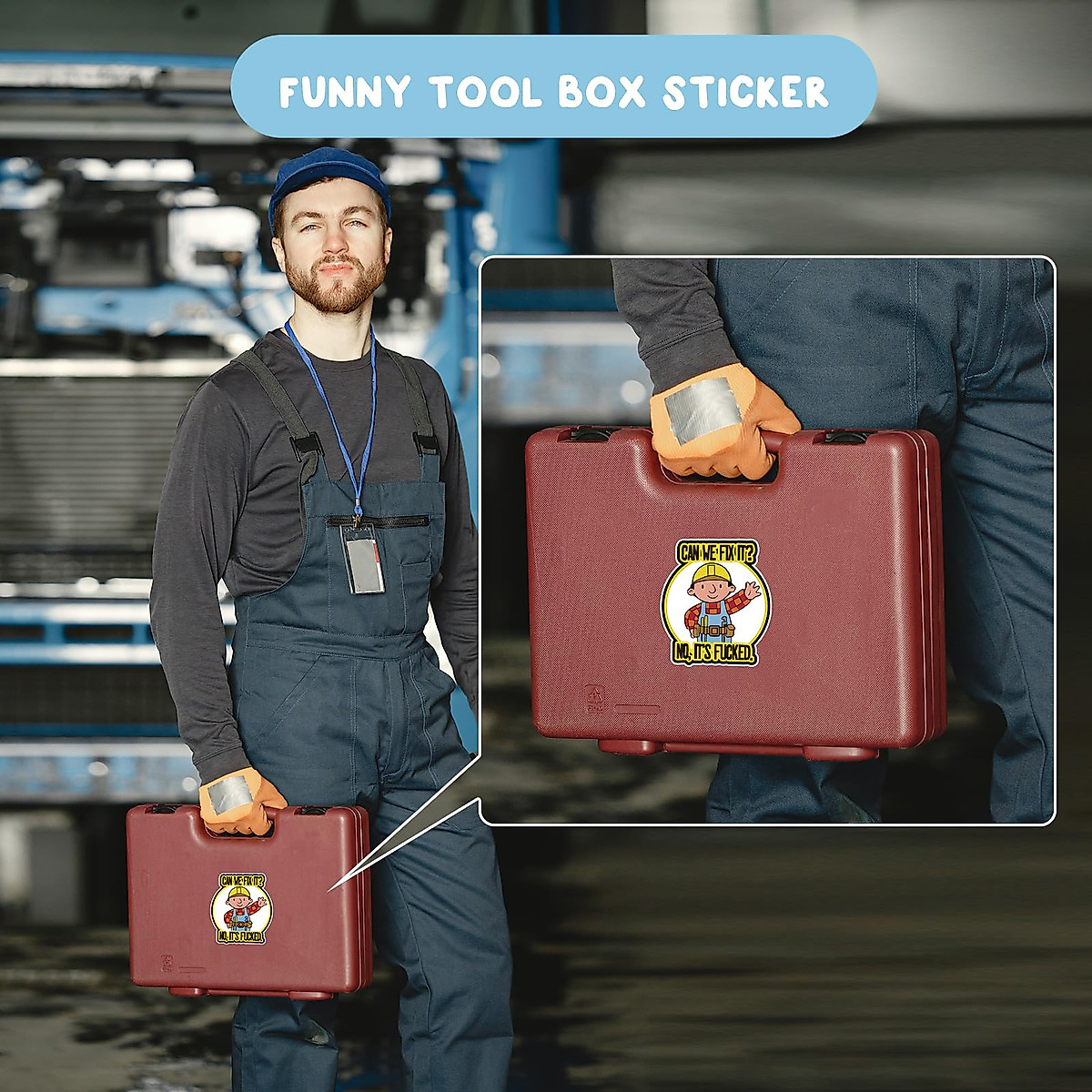 XMJY 5 Pack Funny Hardhat Stickers - Can We Fix It? No, It's Fucked, Cute Cartoon Hard Hat Stickers for Builder, Waterproof Vinyl Stickers for Tool Box, Helmet (2 inch)