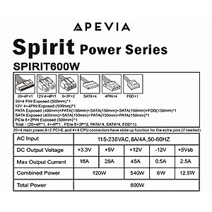 Apevia SPIRIT600W Spirit 600W ATX Power Supply with Auto-Thermally Controlled 120mm Fan, 115/230V Switch, All Protections