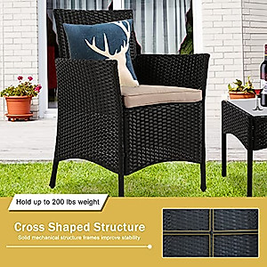 4 Pieces Patio Furniture Sets, Outdoor Rattan Conversation Bistro Chairs w/Glass Coffee Table & Soft Cushions Modern Wicker Bistro Set Garden Furniture Sets for Porch Backyard Lawn Poolside(Black)