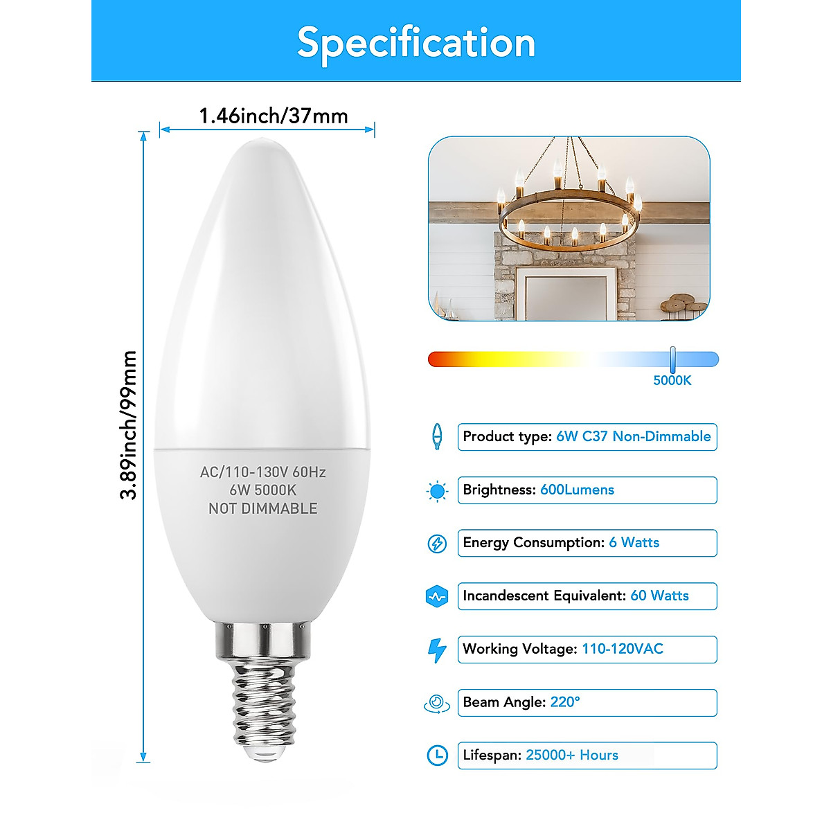 PARTPHONER E12 LED Light Bulbs B11 Candelabra Bulbs 60W Equivalent, Non-Dimmable 6W LED Candle Chandelier Bulb 600 Lumen, 5000K Daylight White, Pack of 6