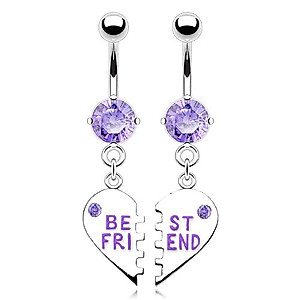Forbidden Body Jewelry Surgical Steel Set of Best Friend Matching Purple Gem Dangle Heart Belly Button Rings