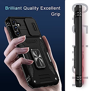 for Samsung Galaxy A14 5G Case with Slide Camera Cover+Screen Protector(2 Packs),[Magnetic Rotated Kickstand] [Camera Protection] Military Grade Shockproof Heavy Duty Protective Cover-Black