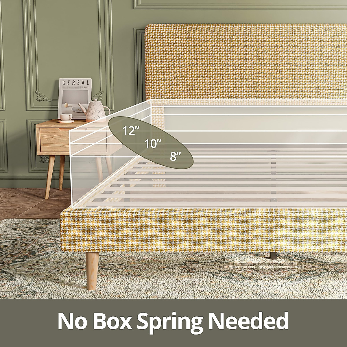 LIKIMIO Queen Bed Frame with Headboard, Fully Cotton Upholstered Foundation, Wooden Slats Support, Noise Free, No Box Spring Needed, Easy Assembly, Rustic Yellow and White Checkered