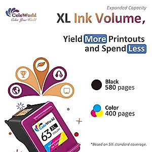 ColoWorld Remanufactured Ink Cartridge Replacement for HP 63XL 63 XL Combo Pack Work with Envy 4520 3634 OfficeJet 3830 5252 4650 5258 5255 DeskJet 3636 3630 1112 3637 Printer (1 Black 1 Color)