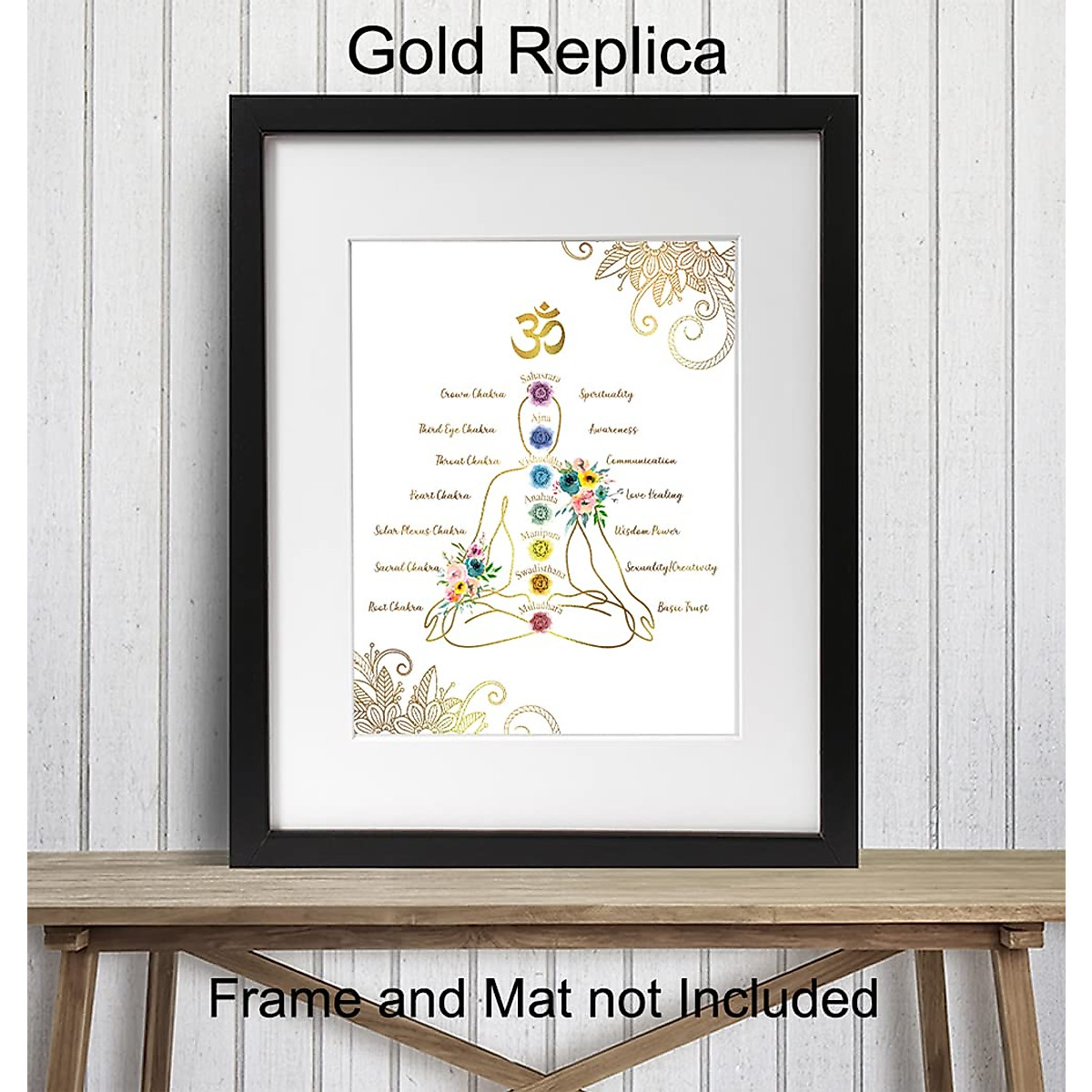 Chakras Meditation Decor - Zen Buddhism Wall Art - Spa Decor, Bedroom, Living Room, Bathroom - Yoga Namaste Poster Print - Gold White Lotus Flower Mandala - Gift for Buddhist, New Age Women