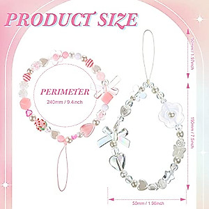 LEIFIDE 2 Pcs Phone Charms Strap Beaded Phone Strap Pink Cute Phone Charms Aesthetic Love Phone Lanyard Wrist Strap Beaded Phone Keychain Charm for Women Girl Gifts (Heart)