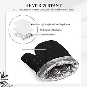 Black Glitter Silicone Oven Mitts Pot Holder Sets 2pcs Cute Design Washable Non Slip Kitchen Heat Resistant Mat Women's Cooking Gloves for Baking and BBQ Wear