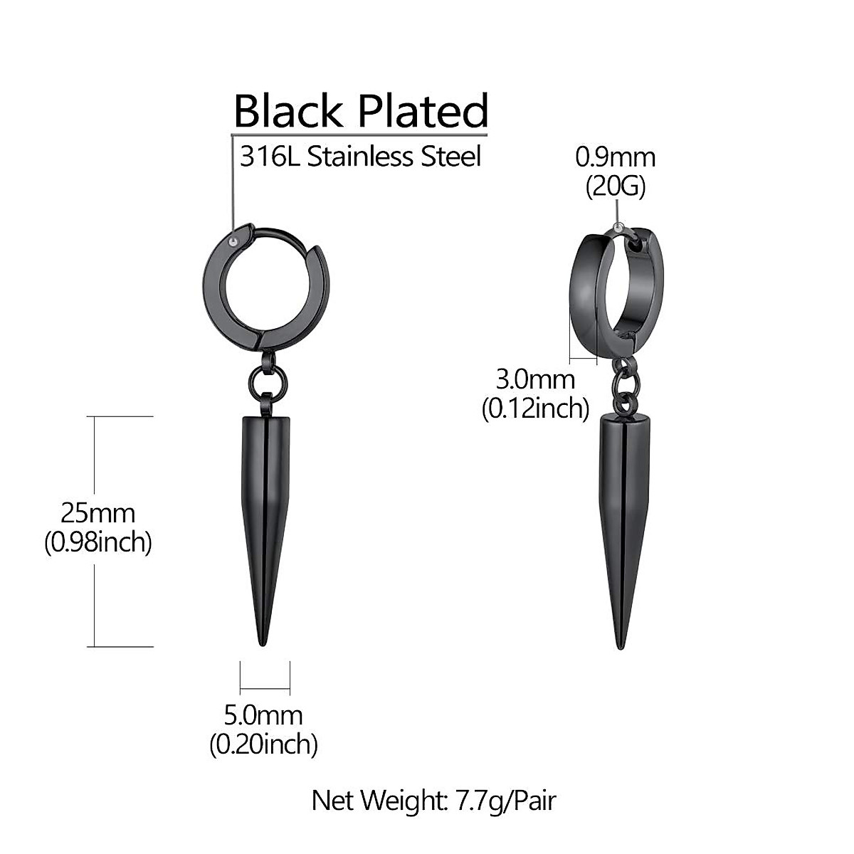 Punk Spikes Dangle Hinged Hoop Earrings for Men Women Black Huggie Earring Fashion Jewelry