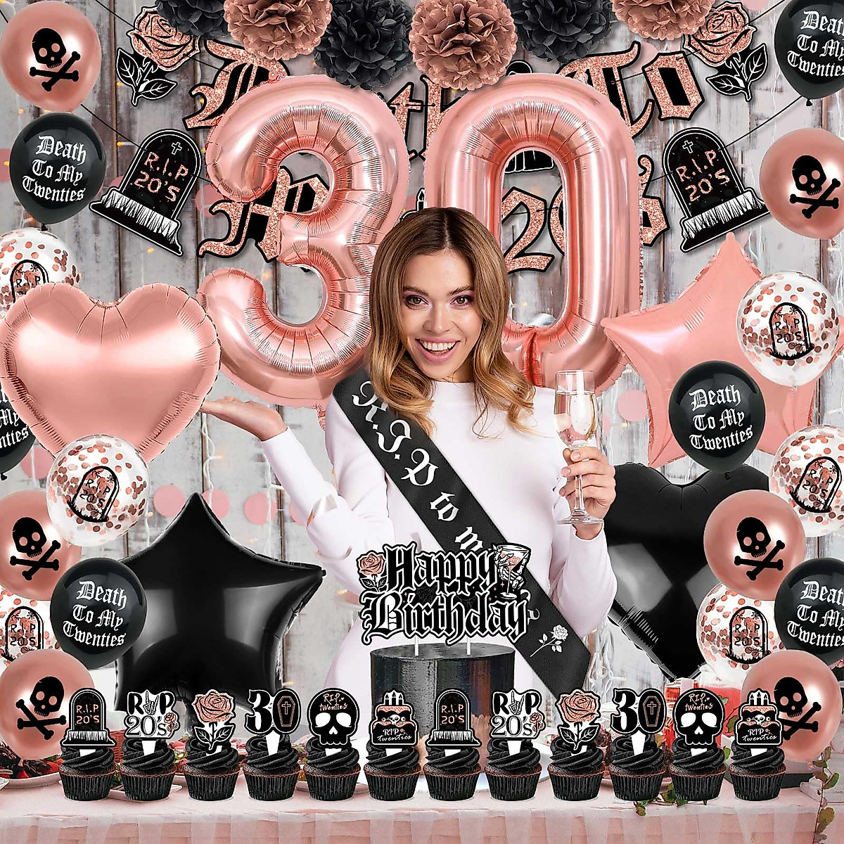Death to My 20s Decorations, 30th Birthday Decorations for Her Black and Rose Gold, Rip to My 20s Birthday Decorations Funeral for My Youth 30th Birthday 30 Balloon Numbers Dirty Thirty Party Supplies