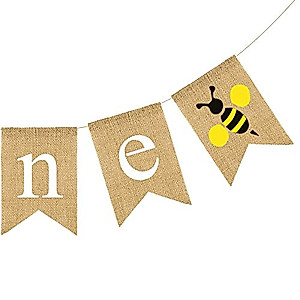 Bumble Bee 1st Birthday Banner,Happy 1st Bee Day Banner,Jute Burlap Baby ONE High Chair Banner,Boys Girls First Birthday Party Decorations Supplies