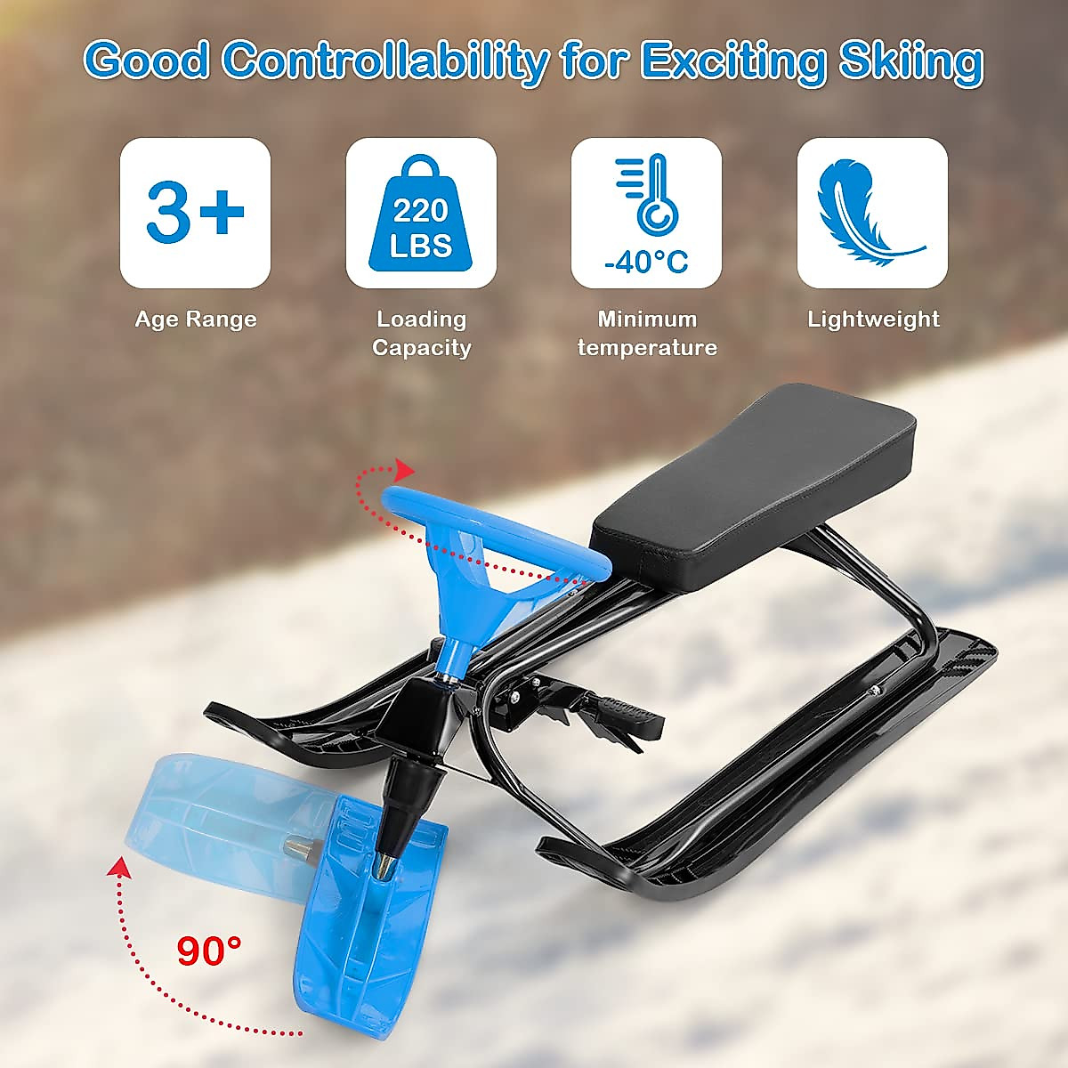 Costzon Snow Racer Sled, Ski Sled with Steering Wheel & Twin Brakes, Durable Steel Frame, Great Weight Capacity of 220 LBS, Classic Downhill Steerable Sled for Kids Teenagers Adult (Blue)