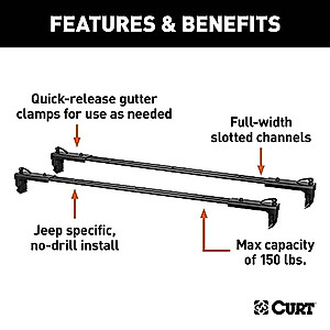 CURT 18122 Black Steel Quick-Release Roof Rack Crossbars, Fits Select Jeep Wrangler JL, Gladiator