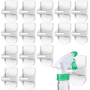 16 Pcs Spray Bottle Holder Wall Mount Spray Bottle Hanger White Adhesive Bottle Hooks for Cabinet Plastic Spray Bottle Rack Organizer to Create Storage Space for Home Kitchen Bathroom Sink Cleaner