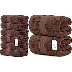 White Classic Luxury Hand Towels | 6 Pack Luxury Bath Sheet | 2 Pack Bundle (Brown)