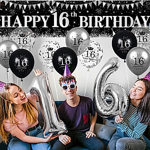Black Silver Happy 16th Birthday Decorations Black Silver Happy 16th Birthday Banner Yard Sign and 18Pcs Black Silver 16th Birthday Balloons for Boys Girls Birthday Anniversary Party Decor Supplies