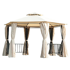 13' x 13' Double Canopy Gazebo with Netting and Shaded Curtains, Outdoor Gazebo 2-Tier Hardtop Galvanized Iron Aluminum Frame for Parties Backyard, Patio, Garden, Event, Beige