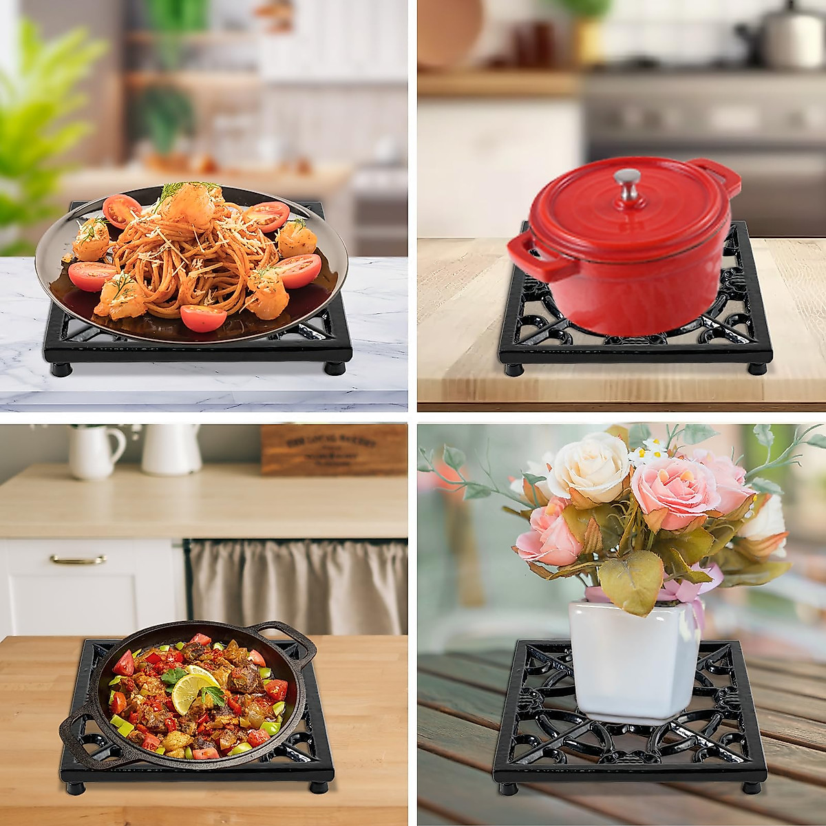 Square Cast Iron Trivet for Kitchen Countertop，Recycled Metal Heat Resistant Trivets with Rubber Pegs，Rustic Decorative Trivet for Hot Dishes Pot Pan Teapot for Kitchen Dining Table, Black